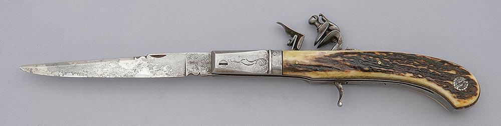Belgian Stag-Handled Flintlock Knife Pistol by Berleur