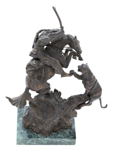 Lion and Trapper Bronze Statue
